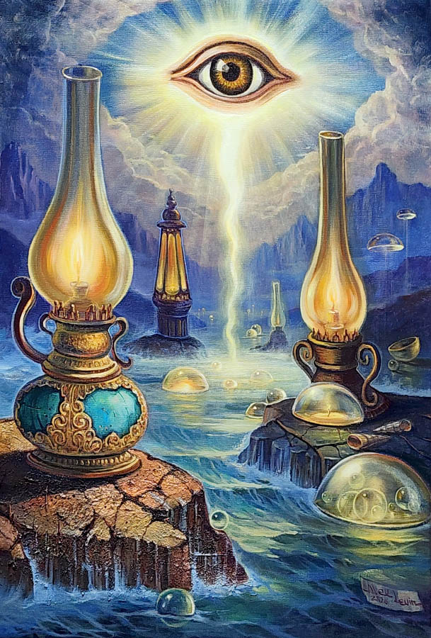 Surrealistic Painting About Light on Canvas and Metal