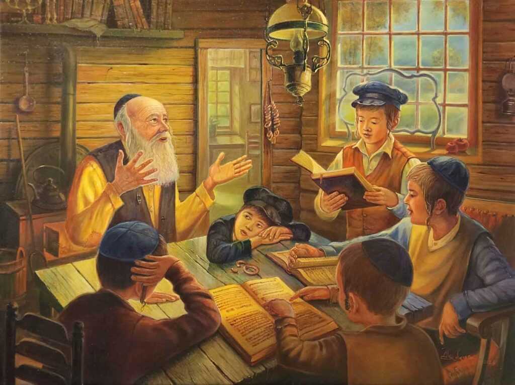 Original Oil Painting: Lesson in the Hebrew school in shtetl