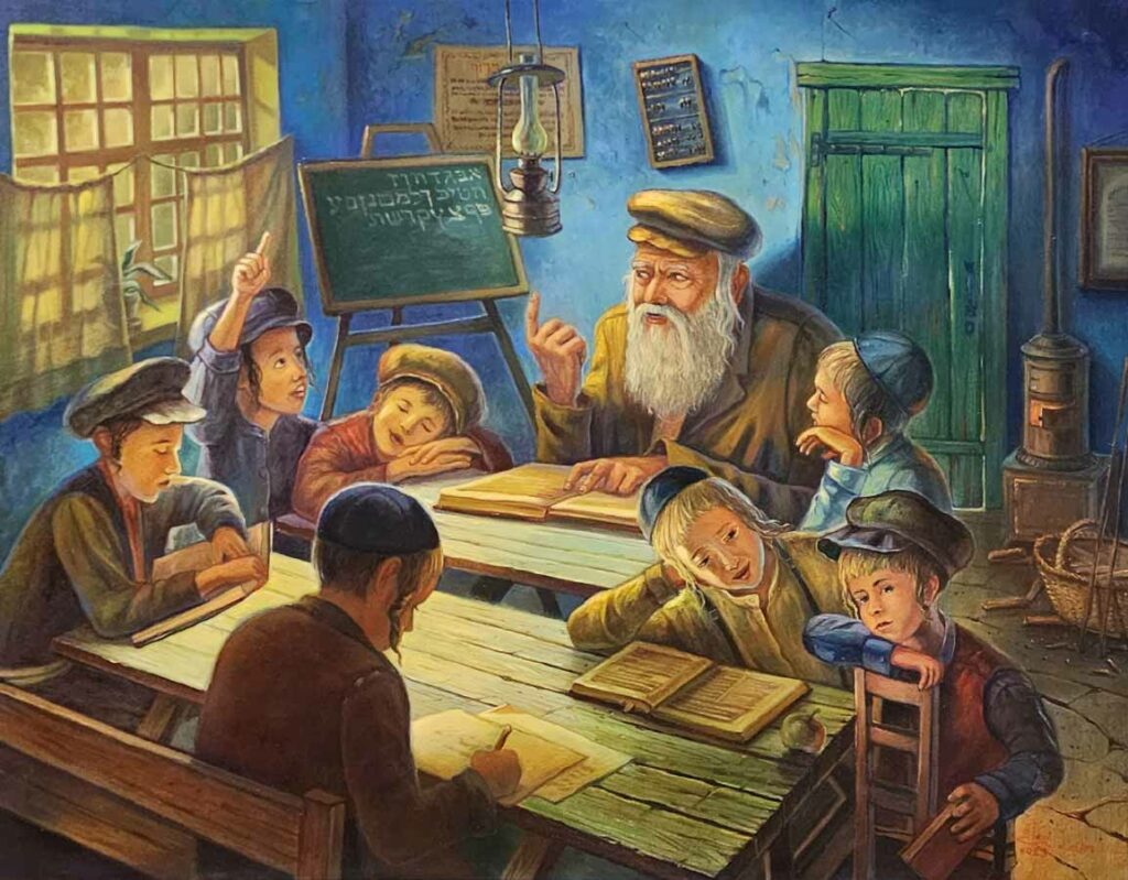 Original Oil Painting: Studying Traditions in the Hebrew School in shtetl